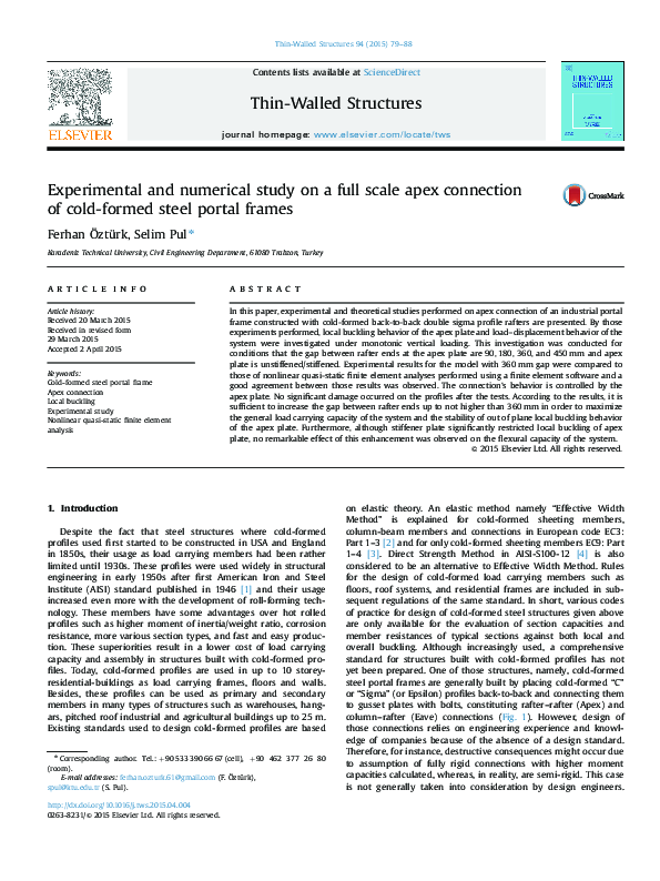 (PDF) Experimental and numerical study on a full scale apex connection ...