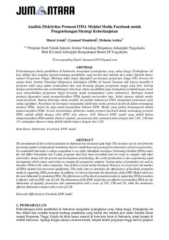 (PDF) Analisis Efektivitas Promosi ITDA Melalui Media Facebook untuk Pengembangan Strategi ...