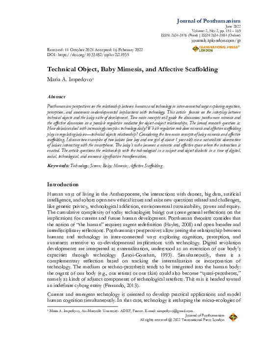 (PDF) Technical Object, Baby Mimesis, and Affective Scaffolding