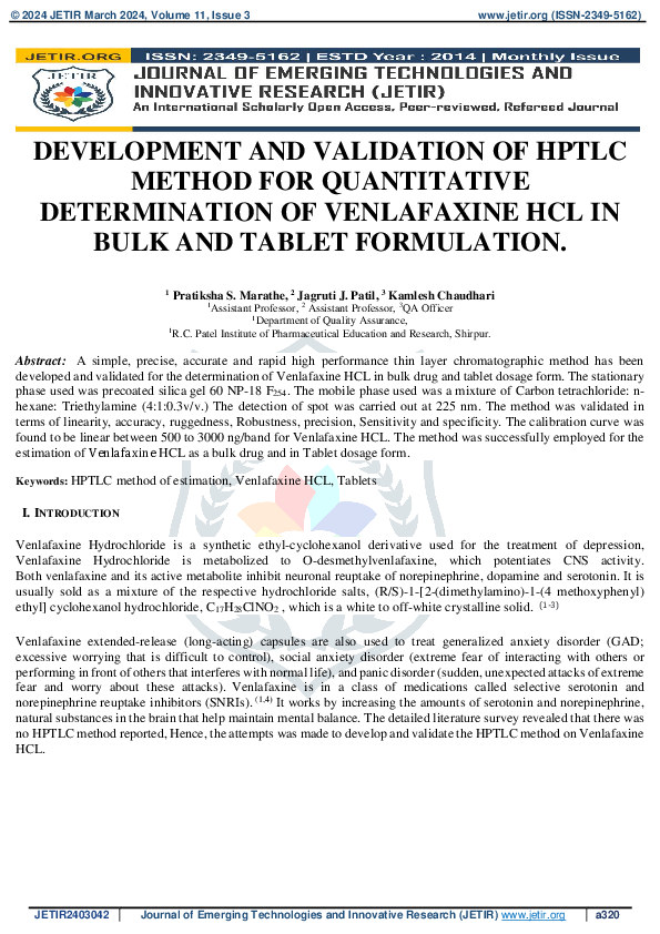 (PDF) DEVELOPMENT AND VALIDATION OF HPTLC METHOD FOR QUANTITATIVE DETERMINATION OF VENLAFAXINE ...
