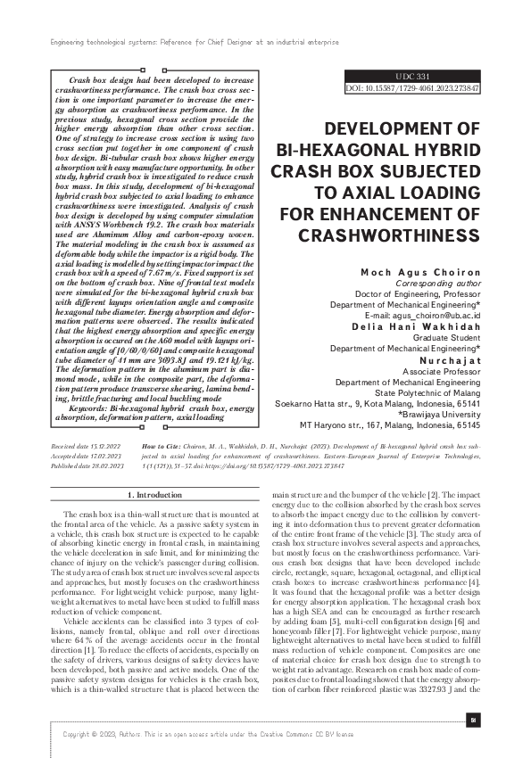 (PDF) Development of Bi-hexagonal hybrid crash box subjected to axial loading for enhancement of ...