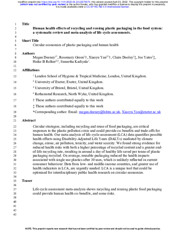 (PDF) Human health effects of recycling and reusing plastic packaging in the food system: a ...