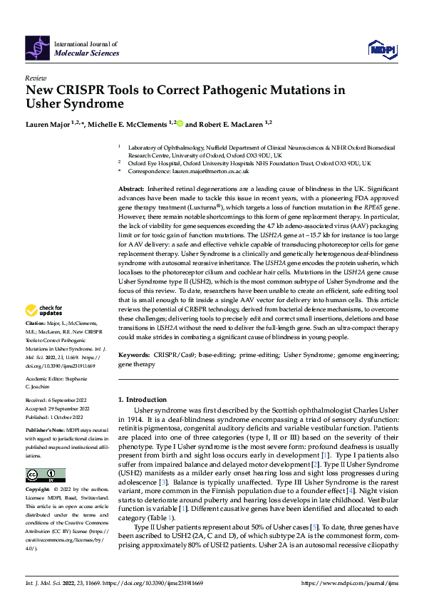 (PDF) New CRISPR Tools to Correct Pathogenic Mutations in Usher Syndrome | Lauren Marie Major ...