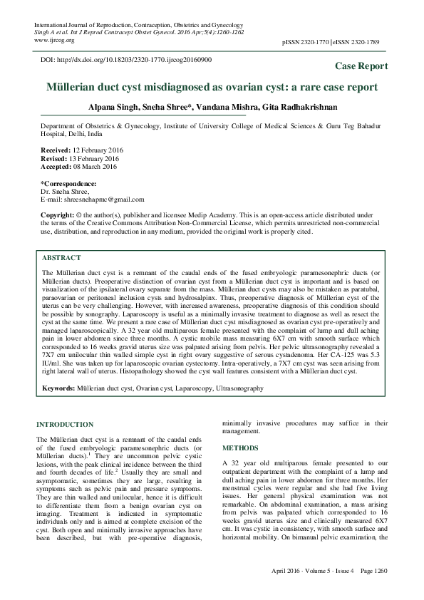 (PDF) Mullerian duct cyst misdiagnosed as ovarian cyst: a rare case report
