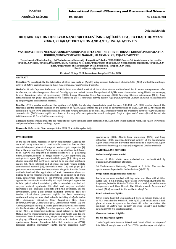 (PDF) BIOFABRICATION OF SILVER NANOPARTICLES USING AQUEOUS LEAF EXTRACT OF MELIA DUBIA ...