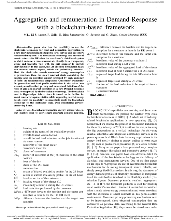Pdf Aggregation And Remuneration In Demand Response With A Blockchain Based Framework