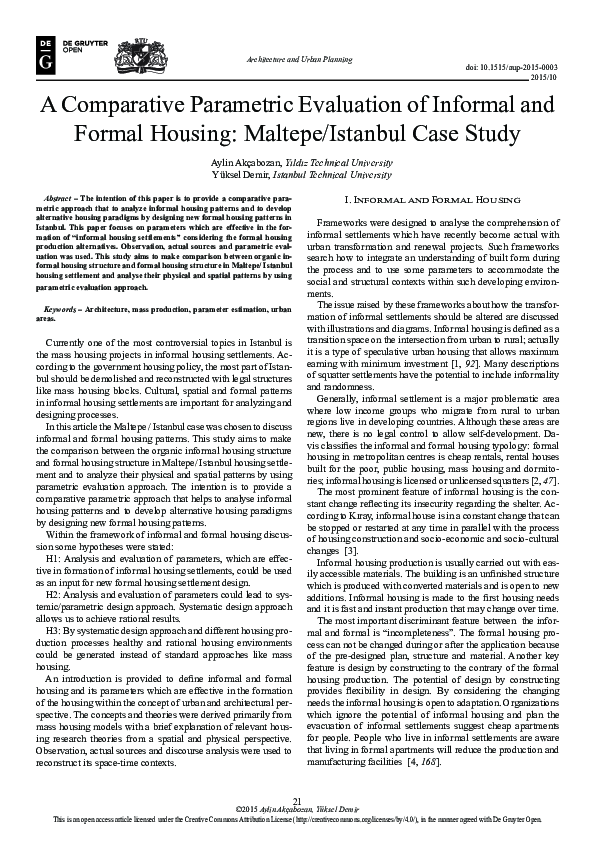 (PDF) A Comparative Parametric Evaluation of Informal and Formal Housing: Maltepe/Istanbul Case ...