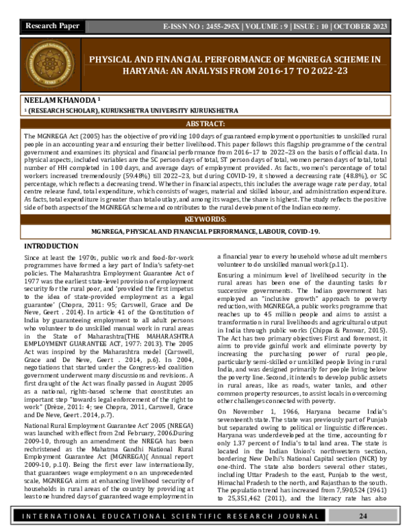 (PDF) PHYSICAL AND FINANCIAL PERFORMANCE OF MGNREGA SCHEME IN HARYANA: AN ANALYSIS FROM 2016-17 ...