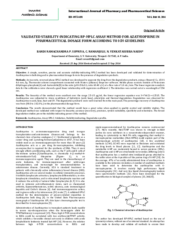(PDF) VALIDATED STABILITY-INDICATING RP-HPLC ASSAY METHOD FOR AZATHIOPRINE IN PHARMACEUTICAL ...