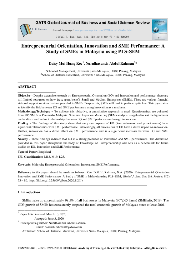 (PDF) Entrepreneurial Orientation, Innovation and SME Performance: A Study of SMEs in Malaysia ...