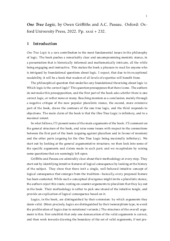 (PDF) One True Logic, by Owen Griffiths and A.C. Paseau (Book Review)