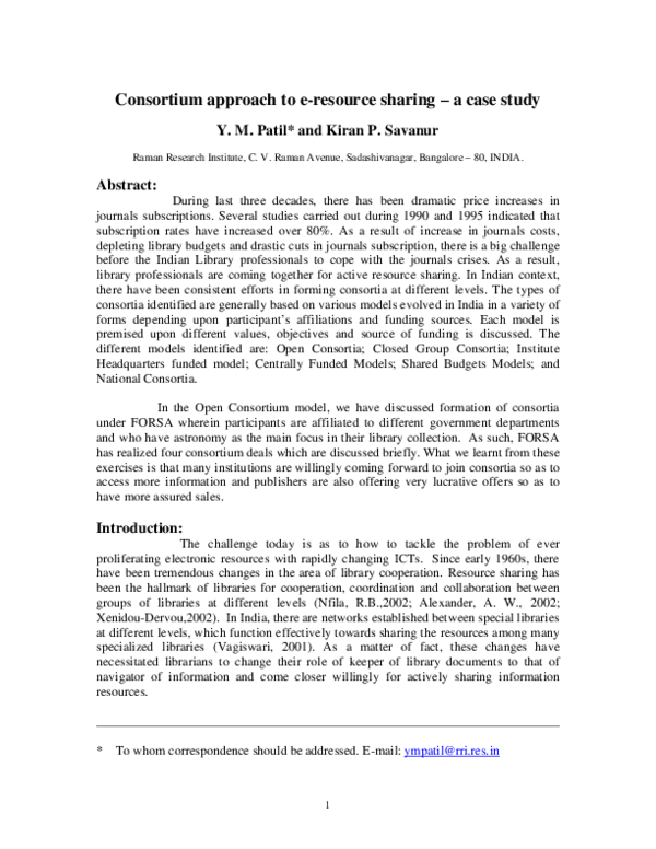 (PDF) Consortium Approach to E-Resource Sharing - A Case Study