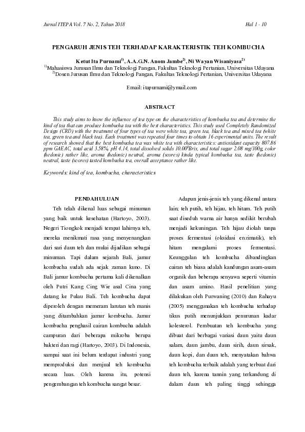 (PDF) Pengaruh Jenis Teh Terhadap Karakteristik Teh Kombucha