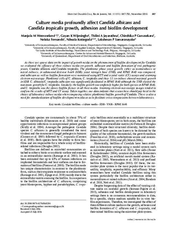 (PDF) Culture media profoundly affect Candida albicans and Candida ...