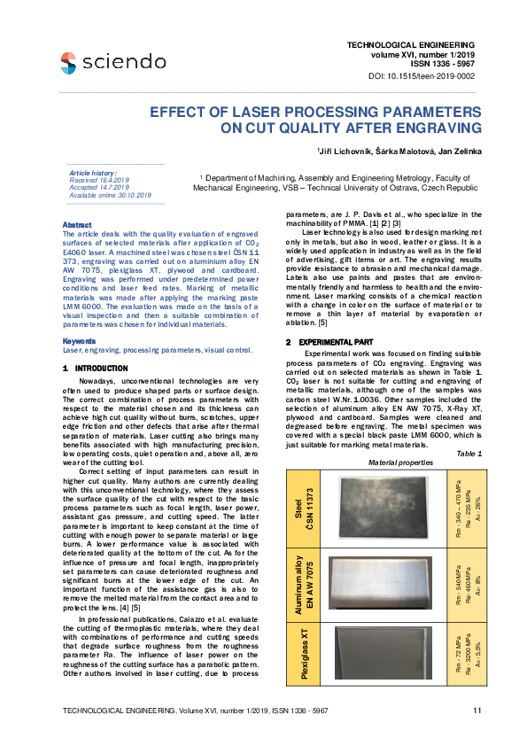(PDF) Effect of Laser Processing Parameters on Cut Quality after Engraving