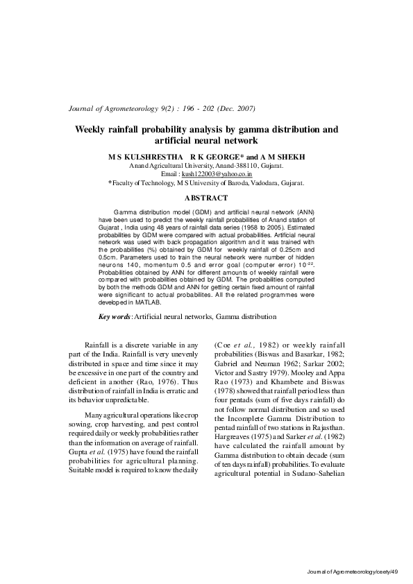(PDF) Weekly rainfall probability analysis by gamma distribution and artificial neural network