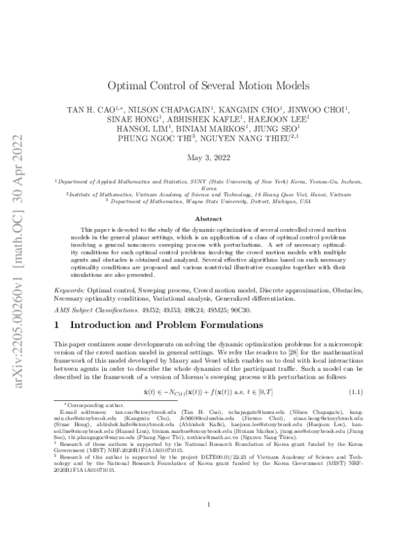 (PDF) Optimal Control of Several Motion Models