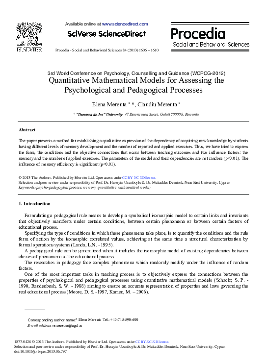 (PDF) Quantitative Mathematical Models for Assessing the Psychological ...