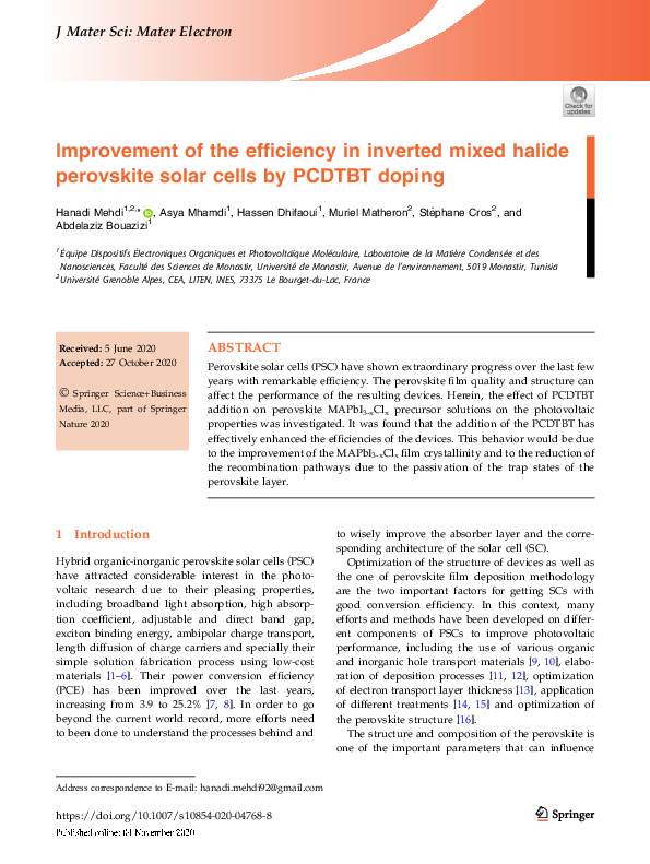 (PDF) Improvement of the efficiency in inverted mixed halide perovskite solar cells by PCDTBT doping