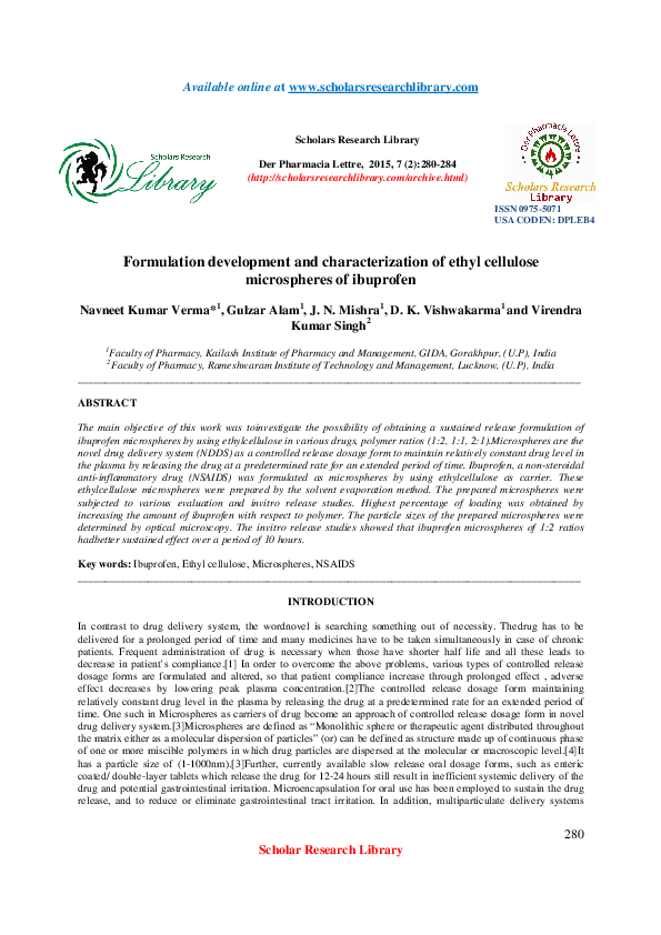 Pdf Ethyl Cellulose Microspheres For Ibuprofen Release