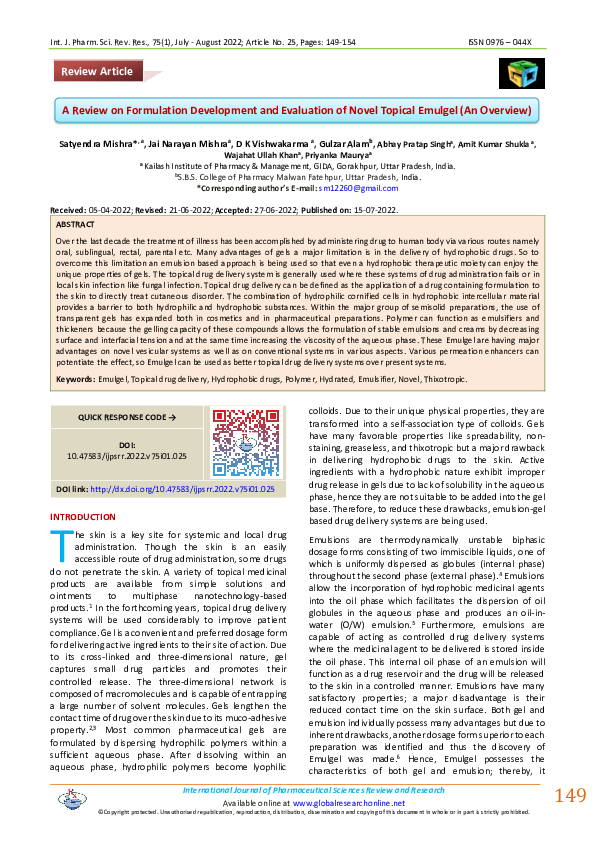 Pdf A Review On Formulation Development And Evaluation Of Novel Topical Emulgel An Overview