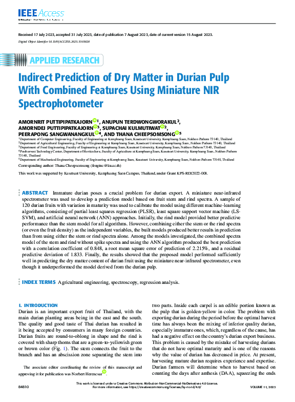 (PDF) Indirect Prediction of Dry Matter in Durian Pulp With Combined ...