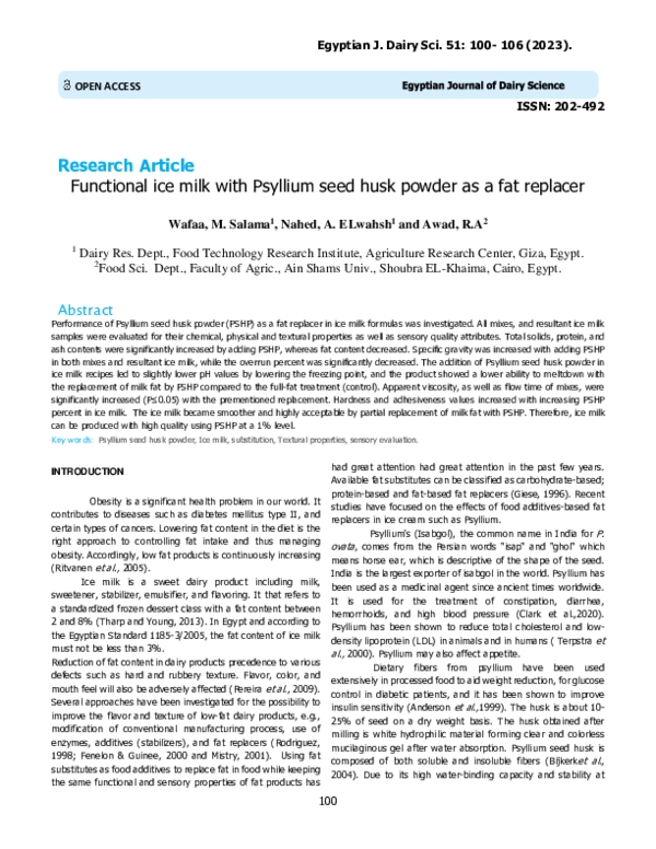 (PDF) Functional ice milk with Psyllium seed husk powder as a fat replacer