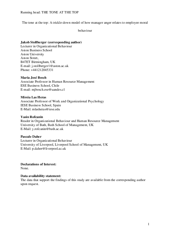 (PDF) The tone at the top: a trickle-down model of how manager anger ...