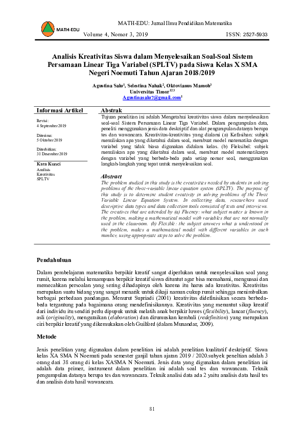 (PDF) Analisis Kreativitas Siswadalam Menyelesaikan Soal-Soal Sistem ...