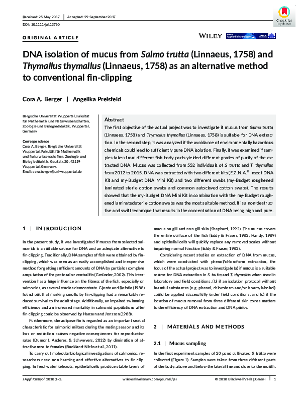 (PDF) DNA isolation of mucus from Salmo trutta (Linnaeus, 1758) and ...