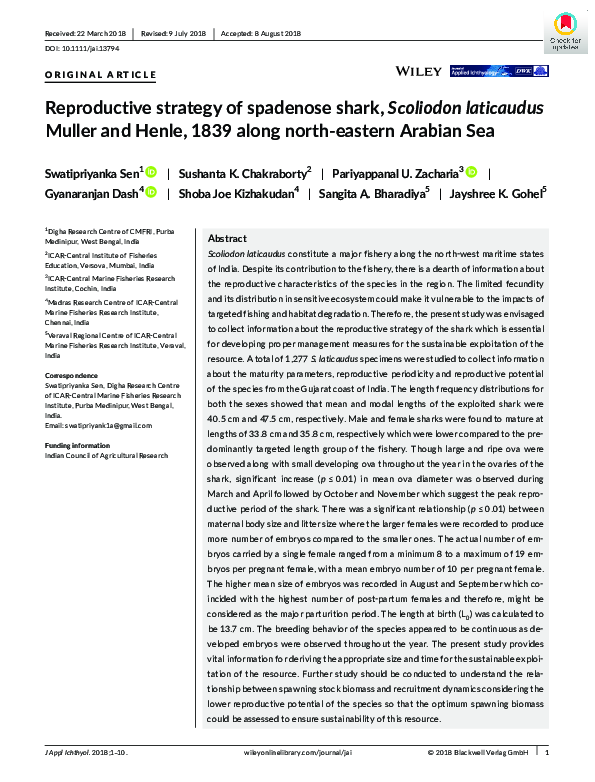 (PDF) Reproductive strategy of spadenose shark, Scoliodon laticaudus ...