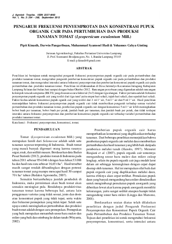 (PDF) PENGARUH FREKUENSI PENYEMPROTAN DAN KONSENTRASI PUPUK ORGANIK CAIR PADA PERTUMBUHAN DAN ...