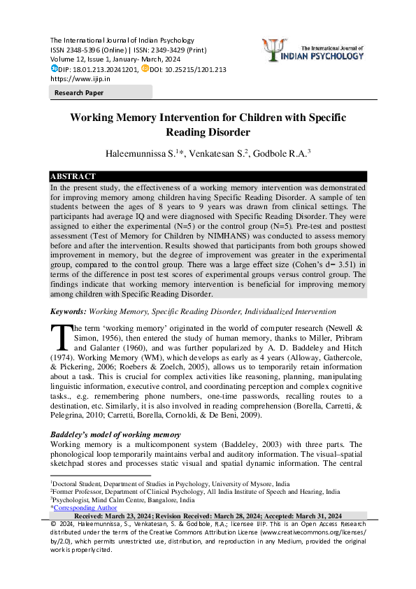 (PDF) Working Memory Intervention for Children with Specific Reading Disorder