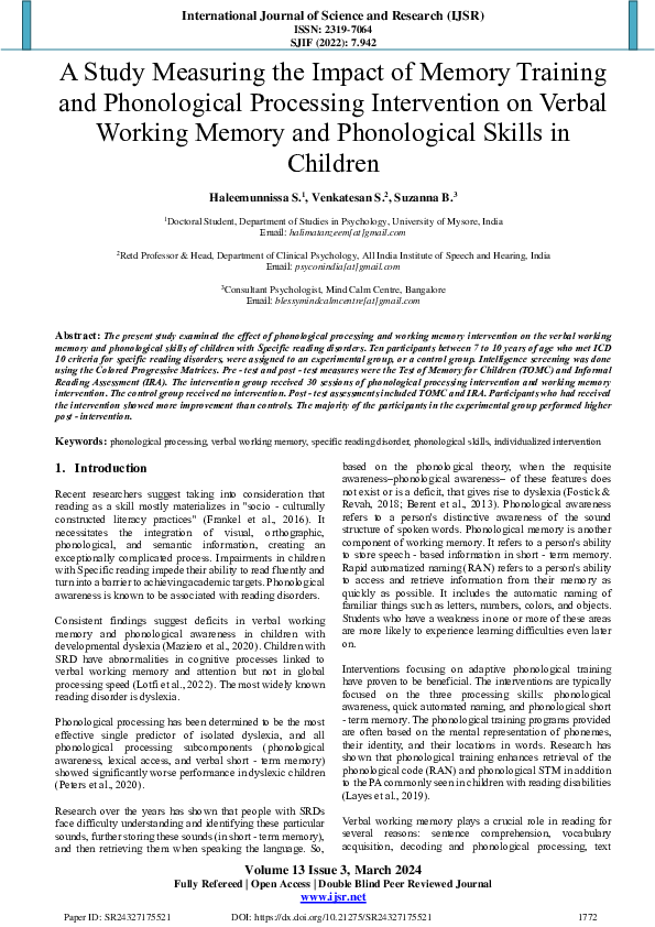(PDF) A Study Measuring the Impact of Memory Training and Phonological ...