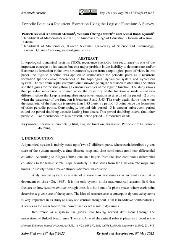 (PDF) Periodic Point as a Recurrent Formation Using the Logistic Function: A Survey