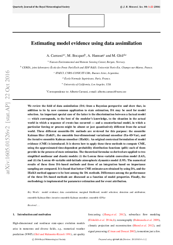 (PDF) Estimating model evidence using data assimilation | Michael Ghil - Academia.edu