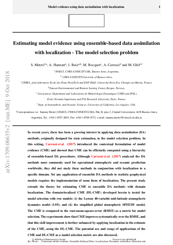 (PDF) Estimating model evidence using ensemble-based data assimilation with localization - The ...