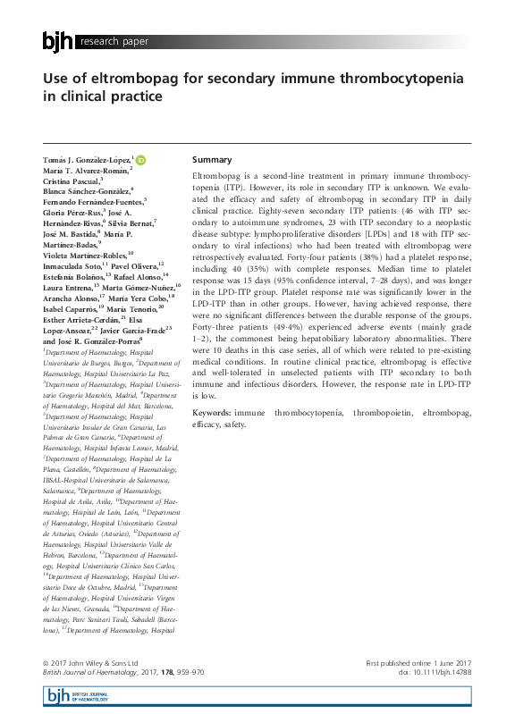 (PDF) Use of eltrombopag for secondary immune thrombocytopenia in ...