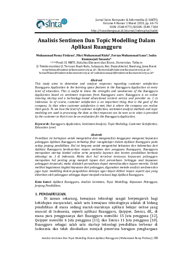 (PDF) Analisis Sentimen Dan Topic Modelling Dalam Aplikasi Ruangguru