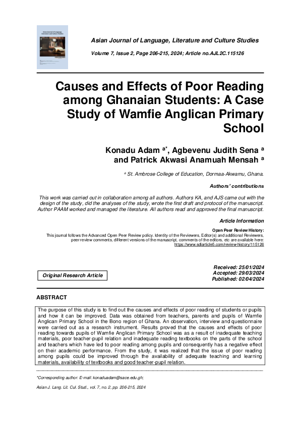 (PDF) Causes and Effects of Poor Reading among Ghanaian Students: A ...