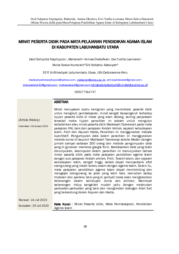 (PDF) Minat Peserta Didik Pada Mata Pelajaran Pendidikan Agama Islam DI Kabupaten Labuhanbatu ...