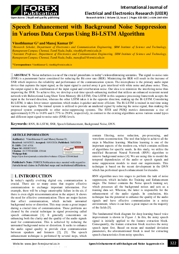 Pdf Speech Enhancement With Background Noise Suppression In Various Data Corpus Using Bi Lstm