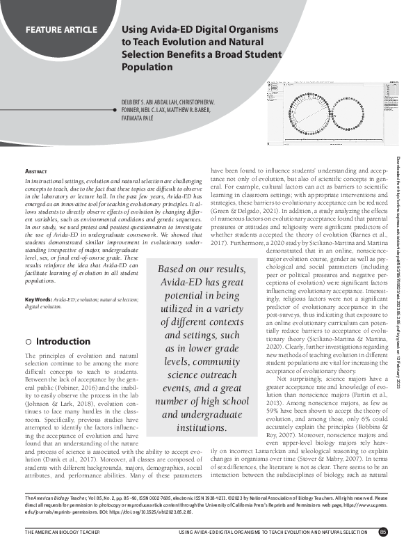 (PDF) Using Avida-ED Digital Organisms to Teach Evolution and Natural ...
