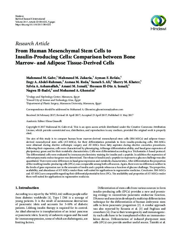 (PDF) From Human Mesenchymal Stem Cells to Insulin-Producing Cells: Comparison between Bone ...