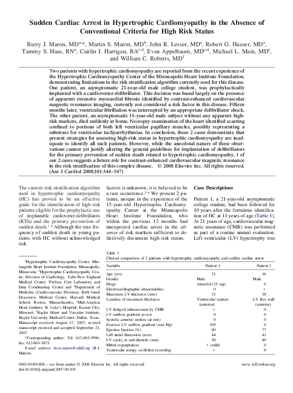 (PDF) Sudden Cardiac Arrest in Hypertrophic Cardiomyopathy in the ...
