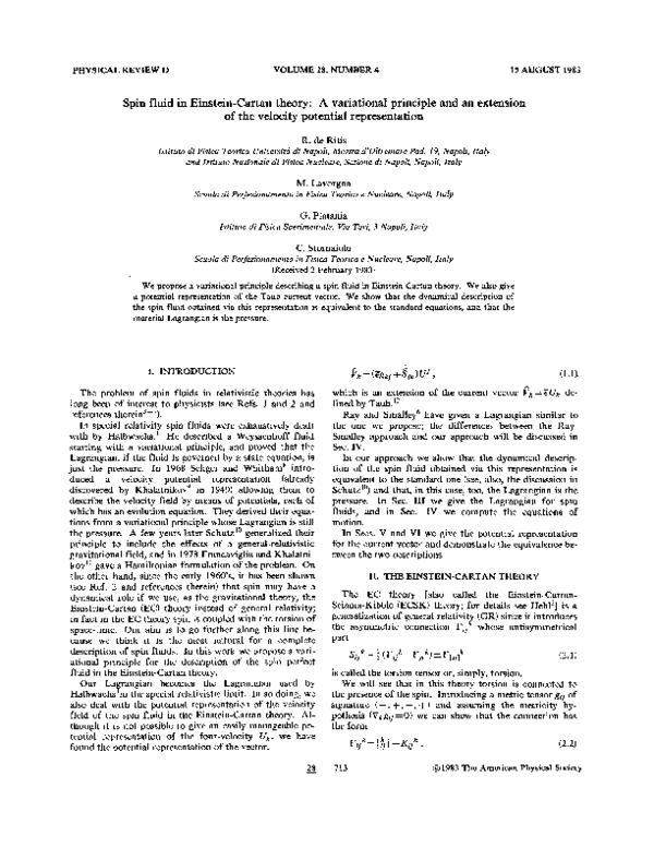 (PDF) Spin fluid in Einstein-Cartan theory: A variational principle and an extension of the ...