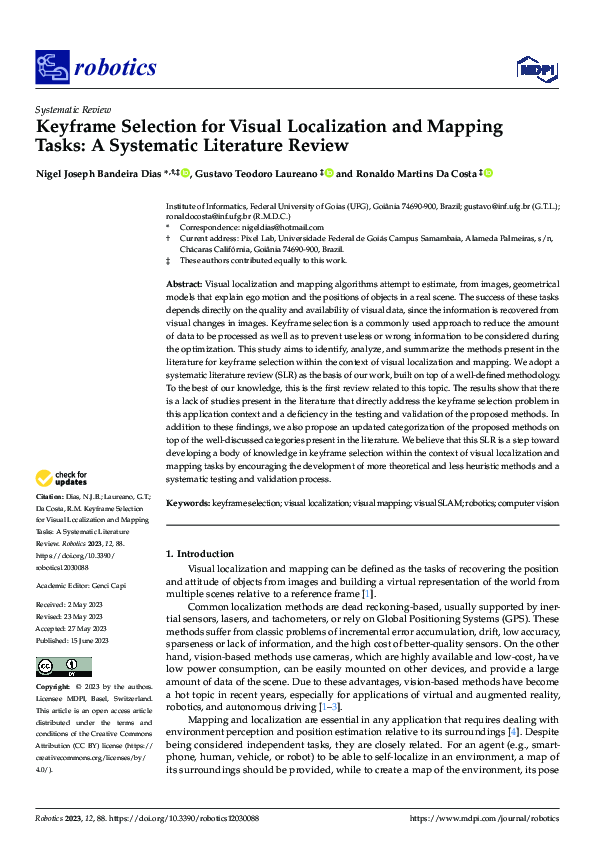 Pdf Keyframe Selection For Visual Localization And Mapping Tasks A Systematic Literature Review 
