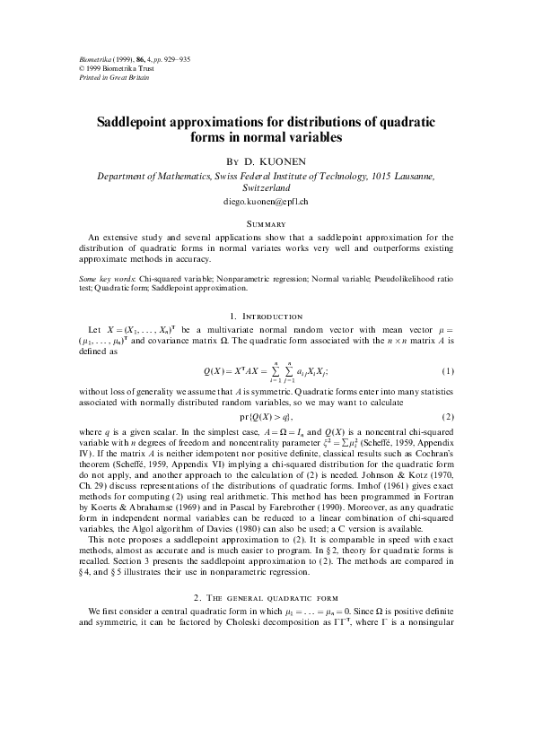 (PDF) Miscellanea. Saddlepoint approximations for distributions of ...