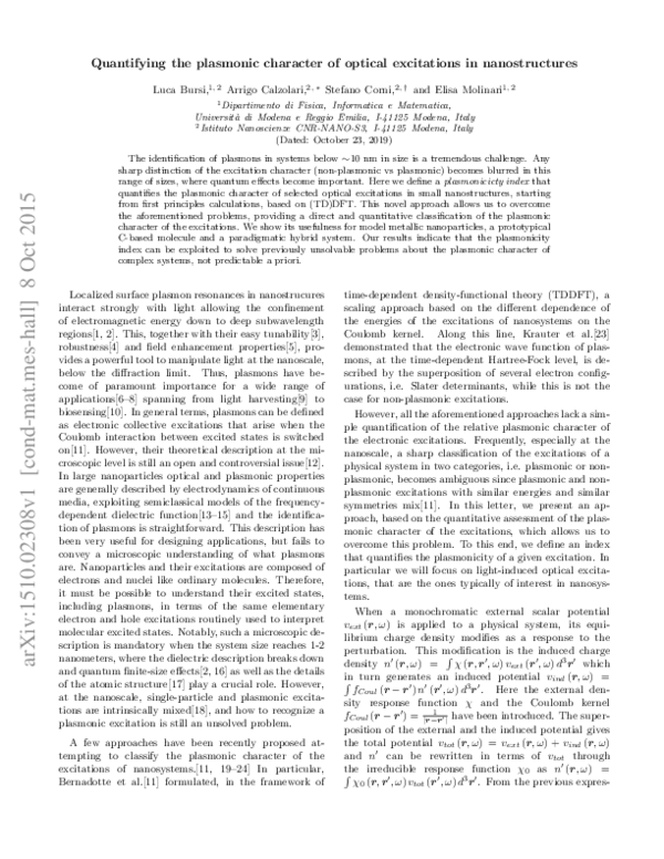 (PDF) Quantifying the Plasmonic Character of Optical Excitations in Nanostructures