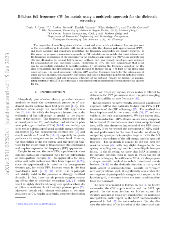 (PDF) Efficient full frequency GW for metals using a multipole approach for the dielectric screening